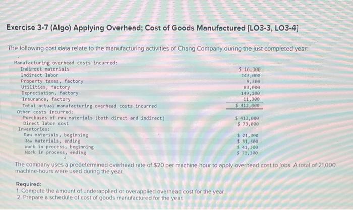 Solved Exercise 3.7 (Algo) Applying Overhead; Cost of Goods | Chegg.com