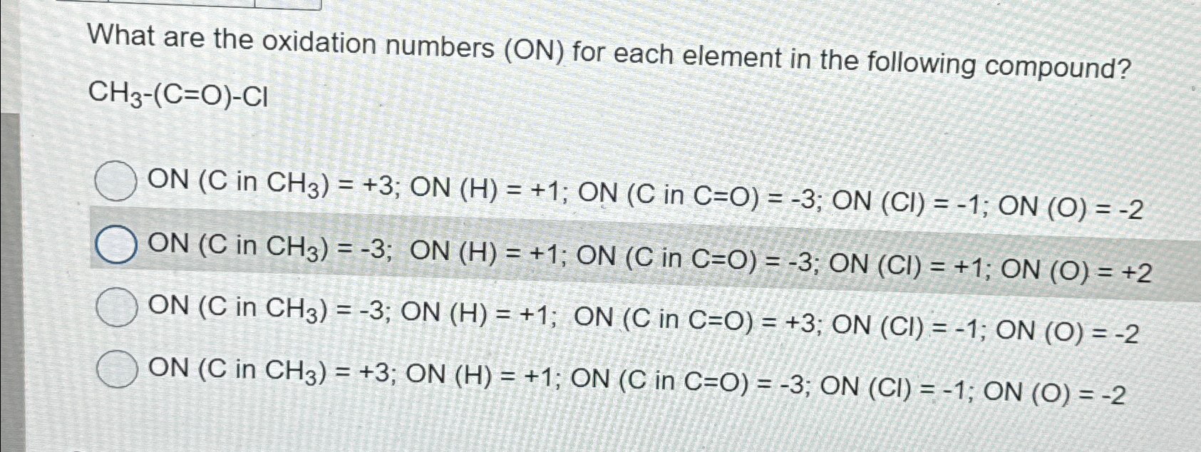 Solved What are the oxidation numbers (ON) ﻿for each element | Chegg.com