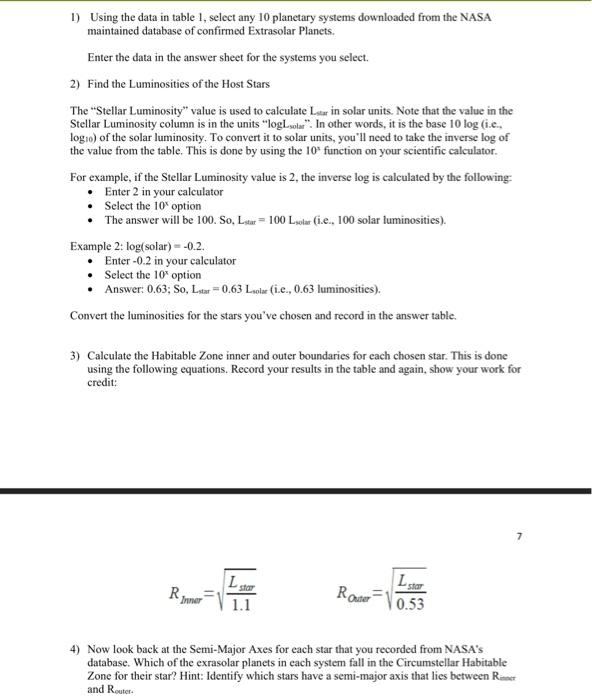 Solved 1) Using the data in table 1, select any 10 planetary | Chegg.com