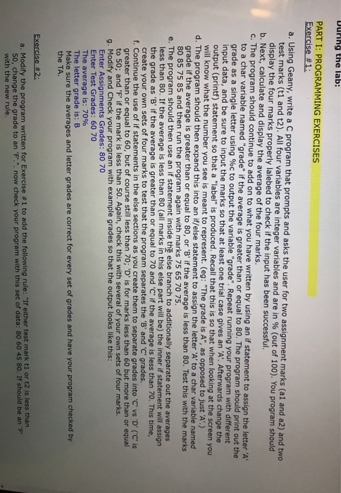 Solved During the lab: PART I: PROGRAMMING EXERCISES a. | Chegg.com