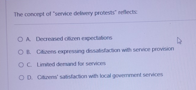 Solved The concept of "service delivery protests" reflects: | Chegg.com