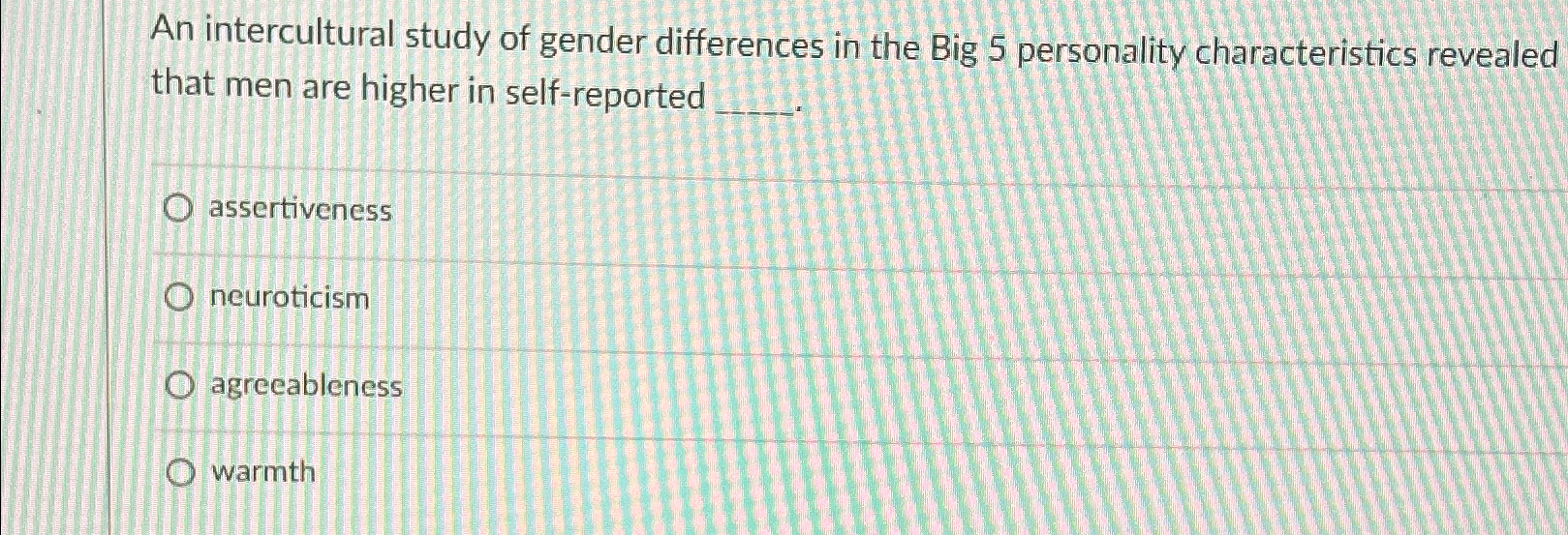 Solved An intercultural study of gender differences in the | Chegg.com