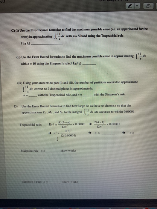 Solved ct1 C)) Use the Error Bound formulas to find the | Chegg.com