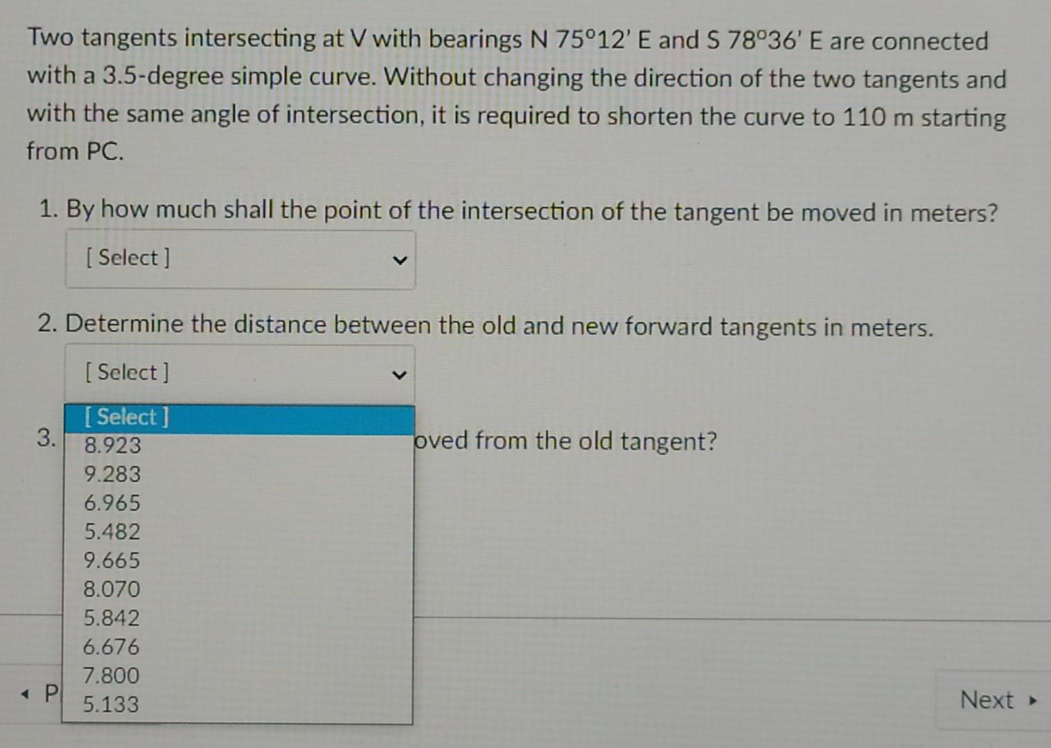 Solved Two tangents intersecting at V with bearings N 75 | Chegg.com