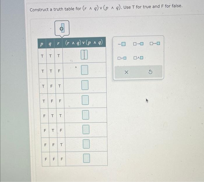 Solved Construct a truth table for (r∧q)∨(p∧q). Use T for | Chegg.com