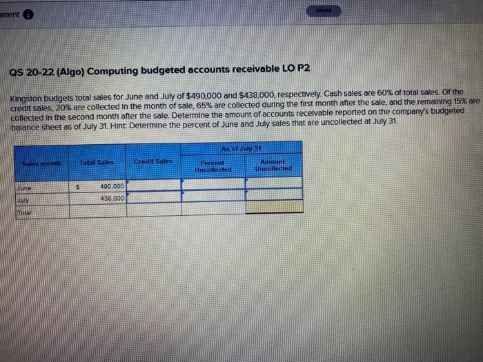 Solved QS 20-22 (Algo) Computing budgeted accounts | Chegg.com