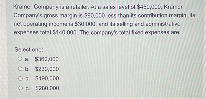 Solved Kramer Company is a retailer. At a sales level of | Chegg.com