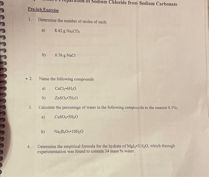 Solved Pre-lab Exercise 1. Determine the number of moles of | Chegg.com