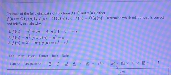 Solved For each of the following pairs of functions f(n) and | Chegg.com