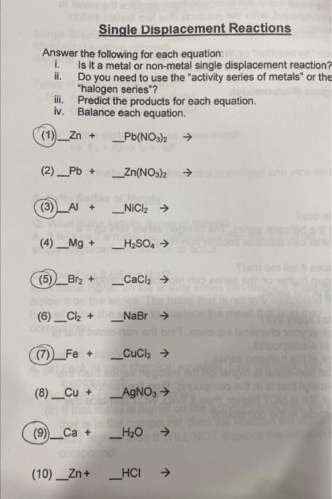 Solved Single Displacement Reactions Answer the following | Chegg.com