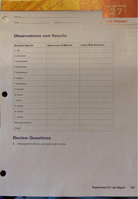 EXPERIMENT 27 Name N Data: Section Lab Report | Chegg.com