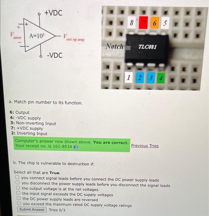 Solved +VDC 8 6 5 V I A=105 V error out op amp Notch TLC081 | Chegg.com