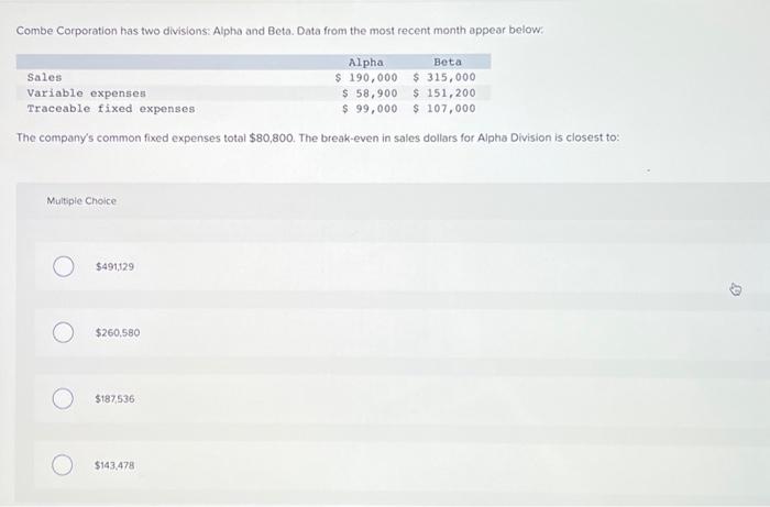 Solved Combe Corporation has two divisions: Alpha and Beta. | Chegg.com
