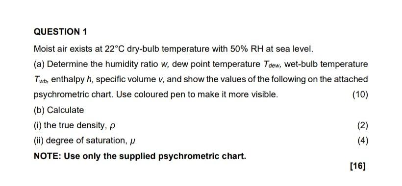 Solved QUESTION 1 Moist air exists at 22°C dry-bulb | Chegg.com
