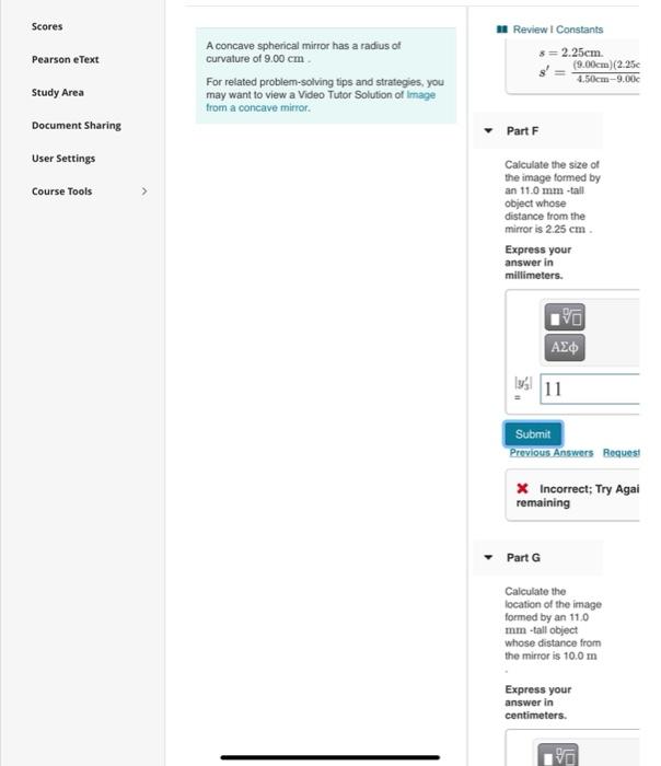 Solved Scores Pearson eText A concave spherical mirror has a | Chegg.com