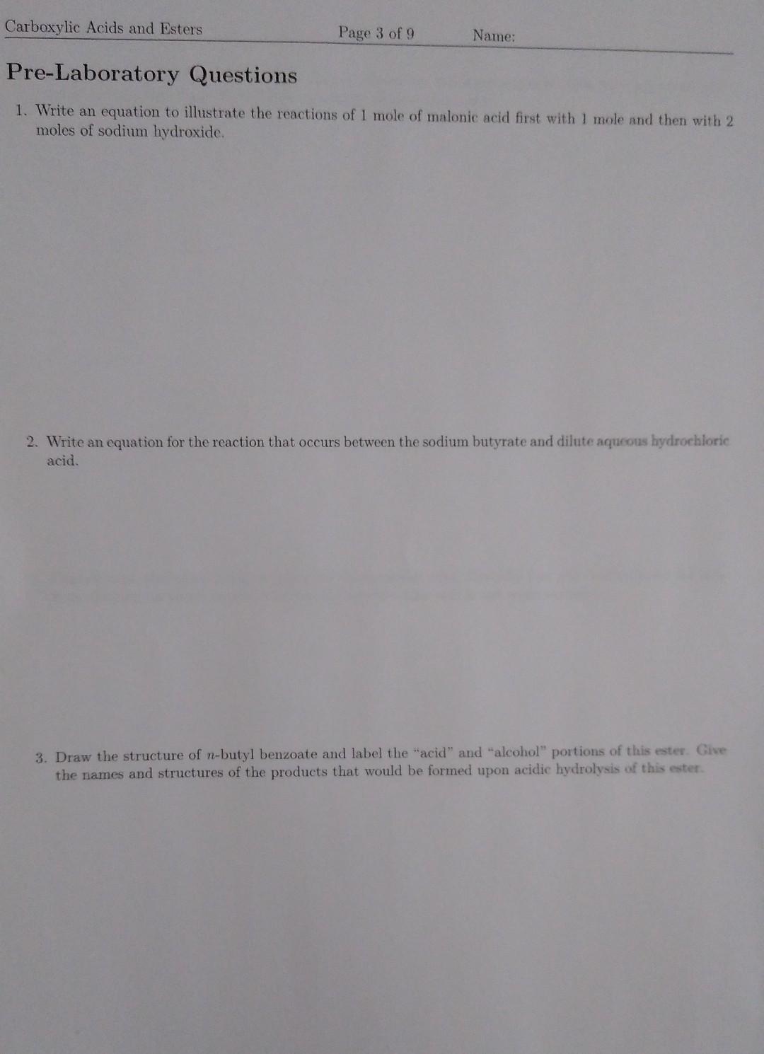 Solved Pre-Laboratory Questions1. ﻿Write an equation to | Chegg.com