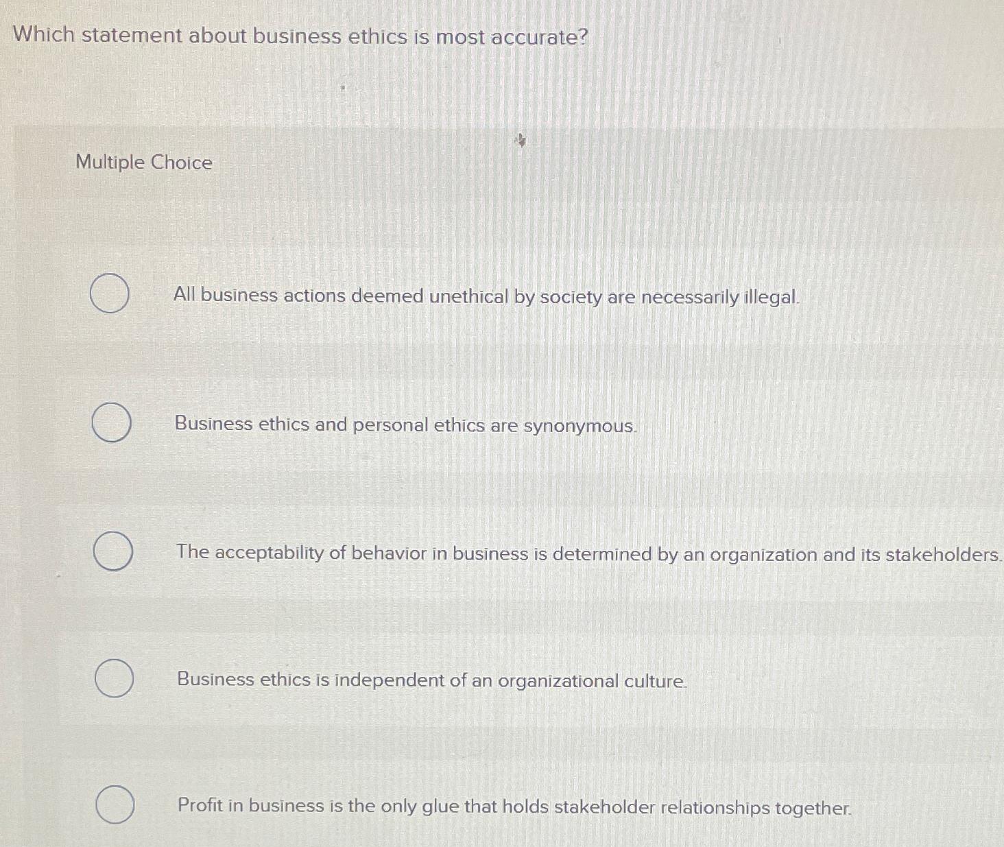 Solved Which statement about business ethics is most | Chegg.com