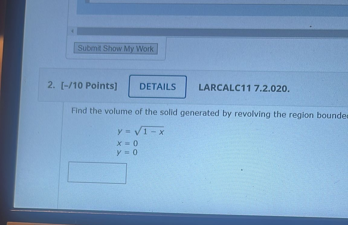 Solved Points]LARCALC11 7.2.020.Find the volume of the solid | Chegg.com