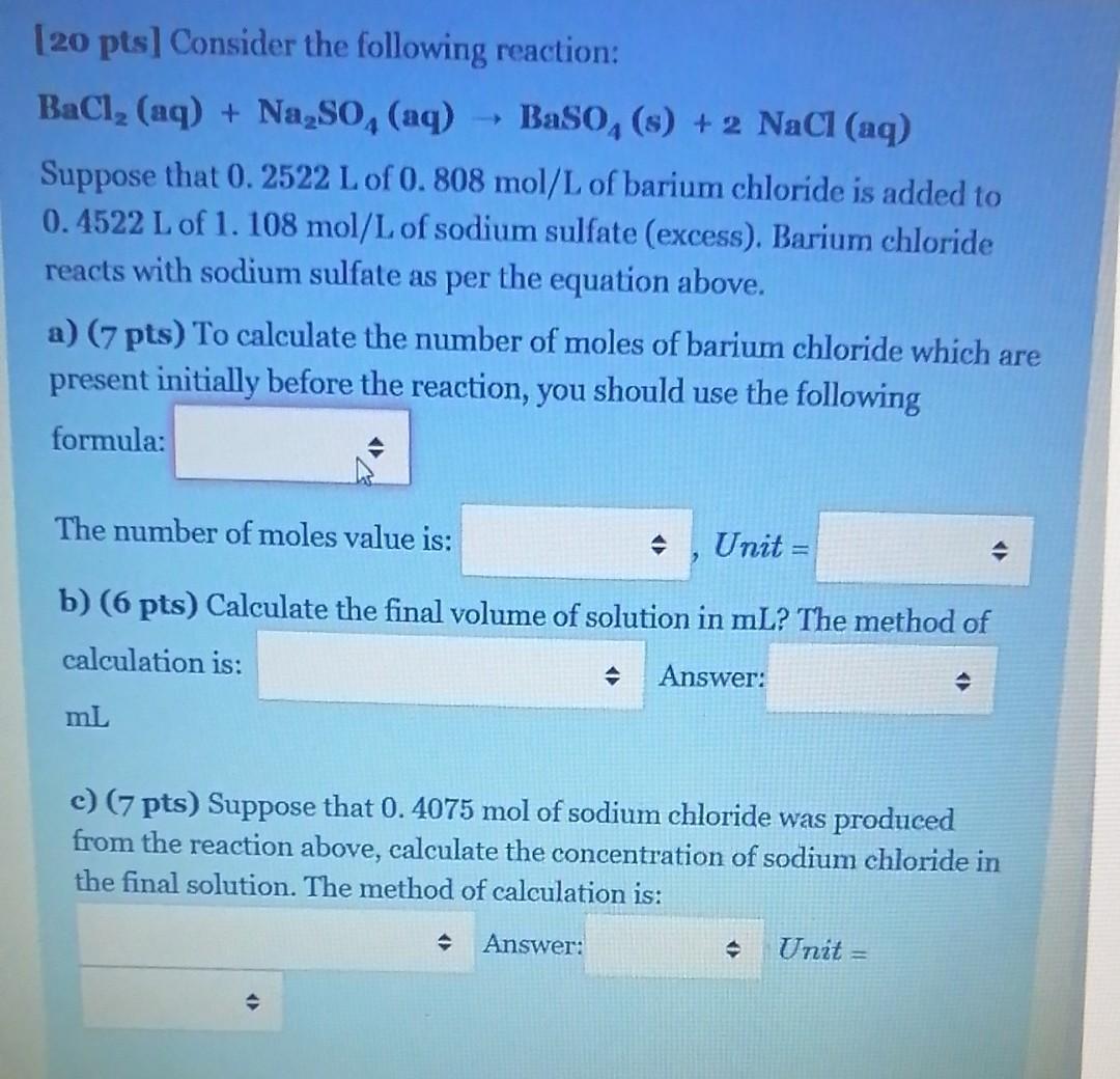 Solved (20 pts] Consider the following reaction: BaCl2 (aq) | Chegg.com