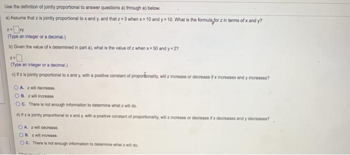 Solved Use the definition of jointly proportional to answer | Chegg.com