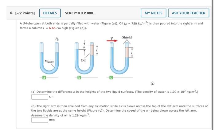 Solved A U-tube open at both ends is partially filled with | Chegg.com