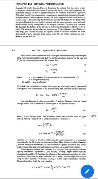 Solved EXAMPLE 13.1 OPTIMAL PIPE DIAMETER Example 2. briefly | Chegg.com