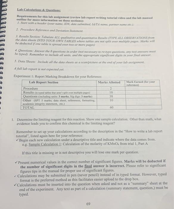 Lab Calculations \& Ouestions: Requirements for this | Chegg.com