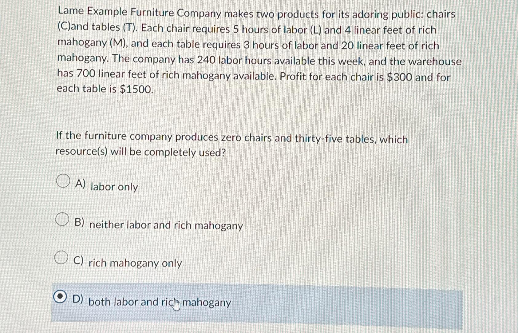 Solved Lame Example Furniture Company makes two products for | Chegg.com