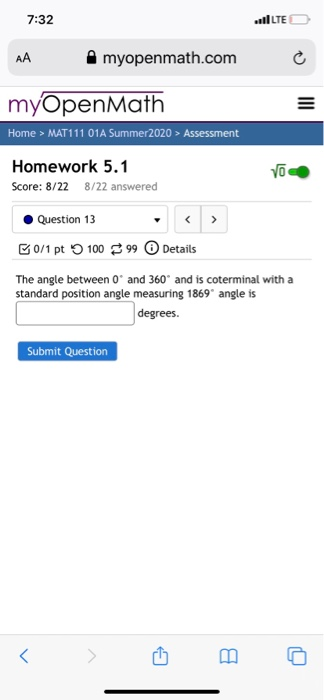 Solved 7:32 LTE AA myopenmath.com = myOpenMath Home > MAT111 | Chegg.com