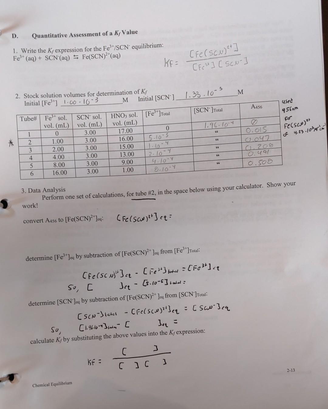 Solved I just need help finding Fe(SCN)2+ eq so I can | Chegg.com