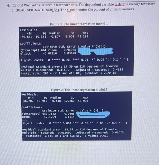 Solved 4. (27 pts) We use the California test score data. | Chegg.com