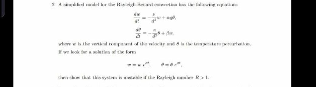 2. A simplified model for the Rayleigh-Benard | Chegg.com