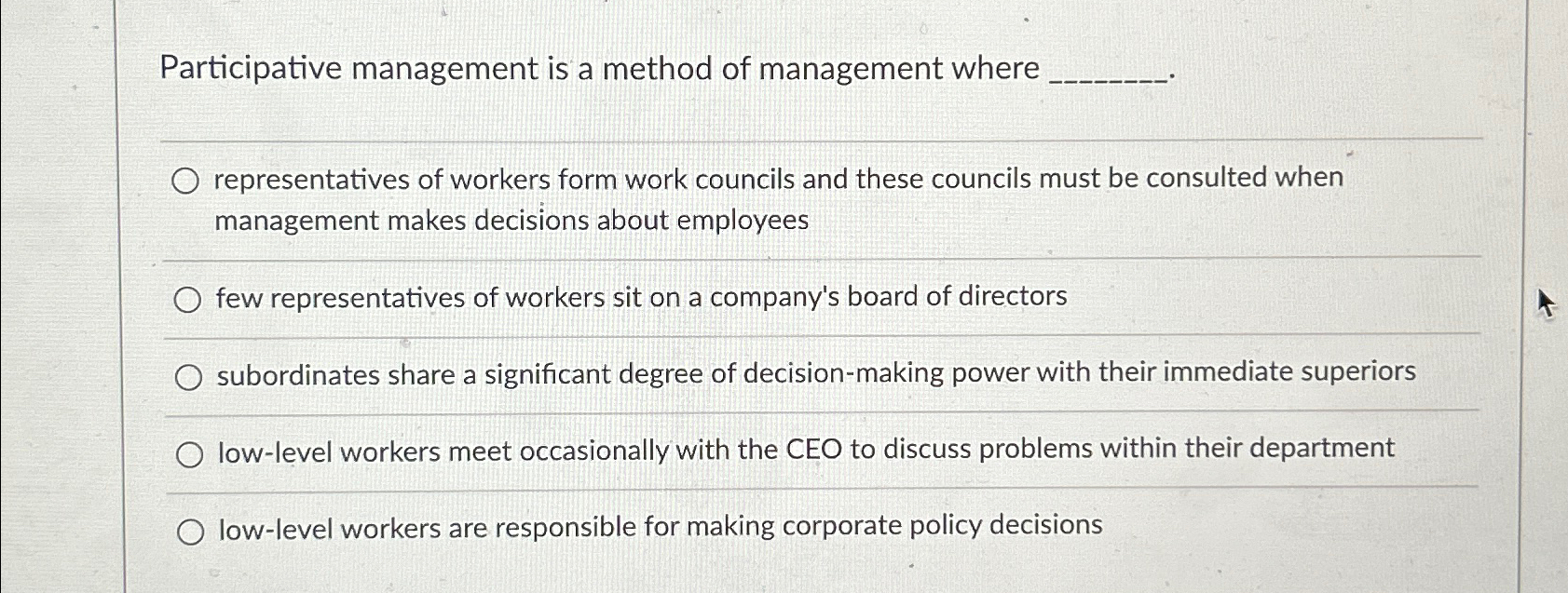 Solved Participative management is a method of management | Chegg.com
