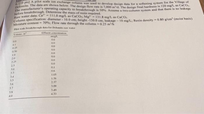 Solved 6. (10 pts) A pilot scale ion exchange column was | Chegg.com