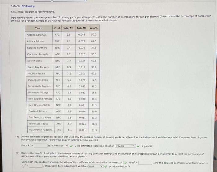 Solved DATAFILE: NFL Passing A statistical program is | Chegg.com