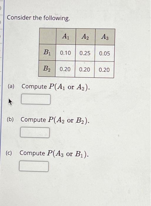 Solved Consider the following. (a) Compute P(A1 or A2). (b) | Chegg.com