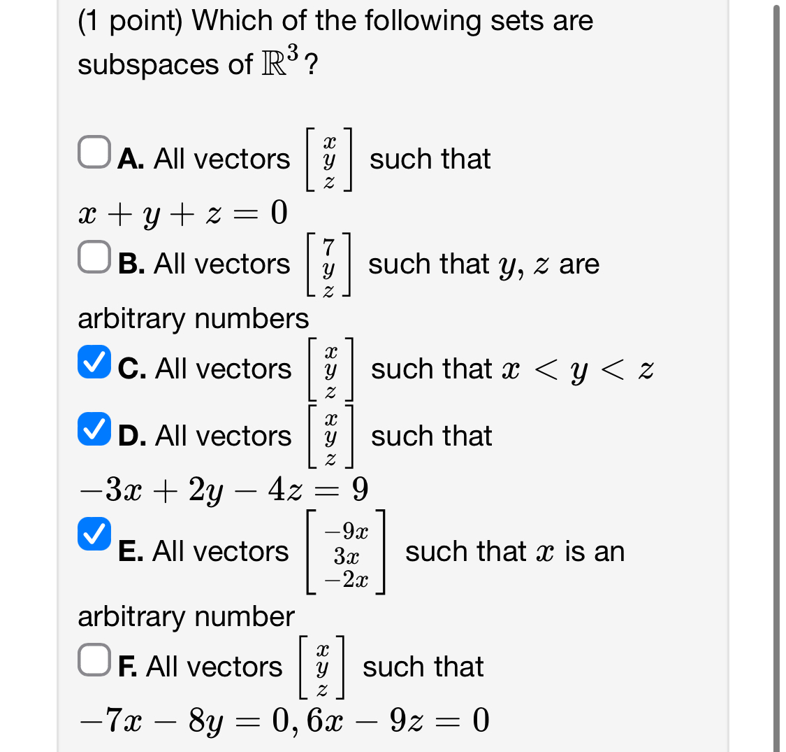 Solved (1 ﻿point) ﻿Which of the following sets are subspaces | Chegg.com