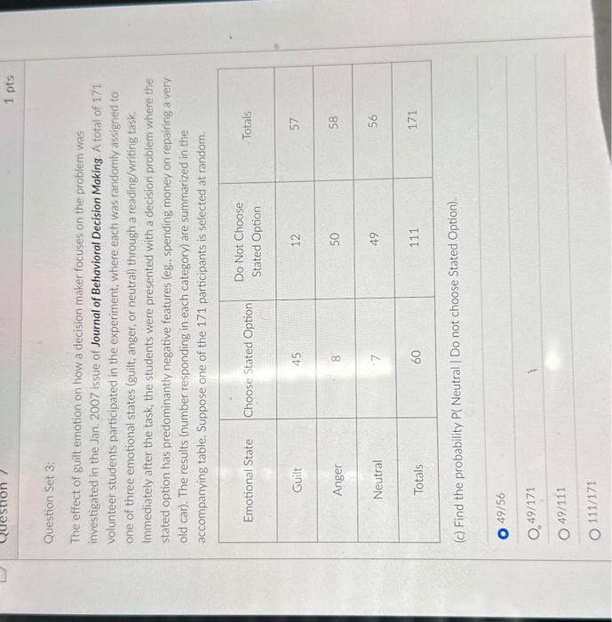 Solved Question Set 3: The effect of guilt emotion on how a | Chegg.com