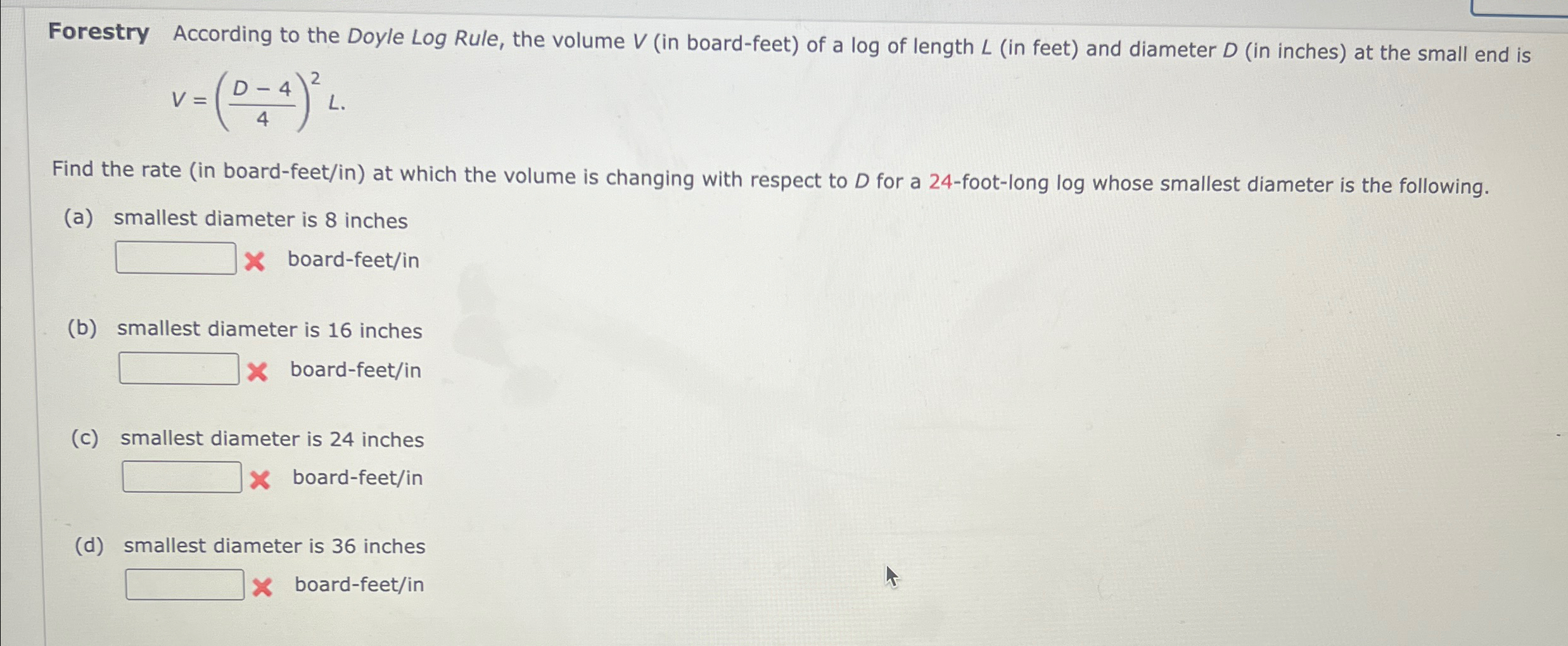 Solved Forestry According to the Doyle Log Rule, the volume | Chegg.com