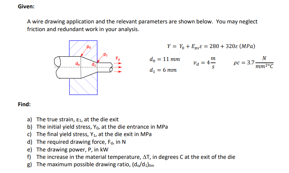 Solved Given:A wire drawing application and the relevant | Chegg.com
