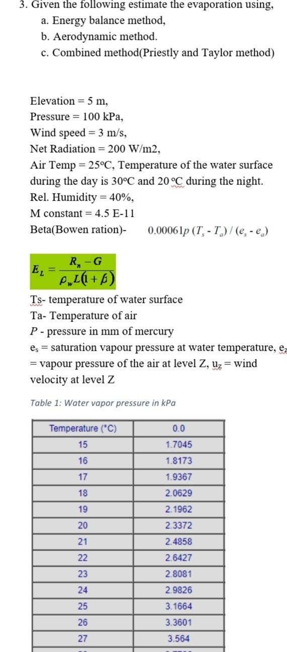 Solved 3. Given the following estimate the evaporation | Chegg.com