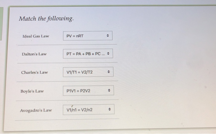 Solved Match the following. Ideal Gas Law PV = nRT Dalton's | Chegg.com