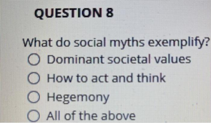 Solved QUESTION 8 What do social myths exemplify? Dominant | Chegg.com