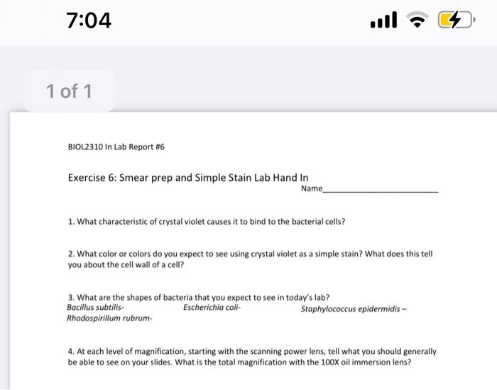 Solved BIOL2310 In Lab Report #6 Exercise 6: Smear prep and | Chegg.com