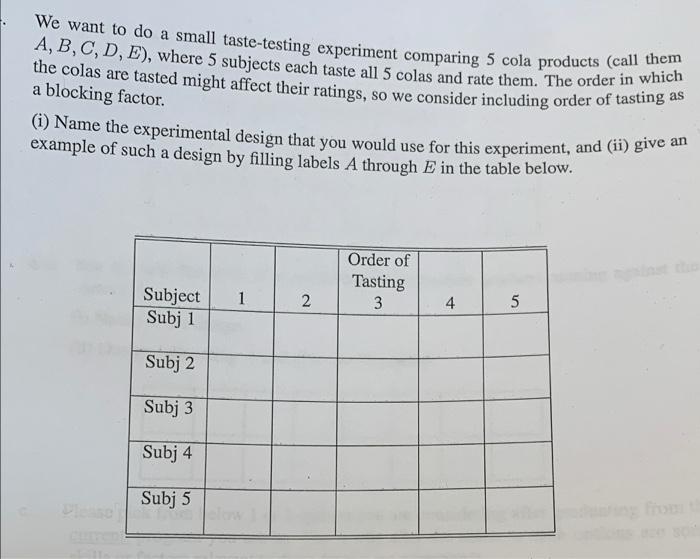 Solved We want to do a small taste-testing experiment | Chegg.com