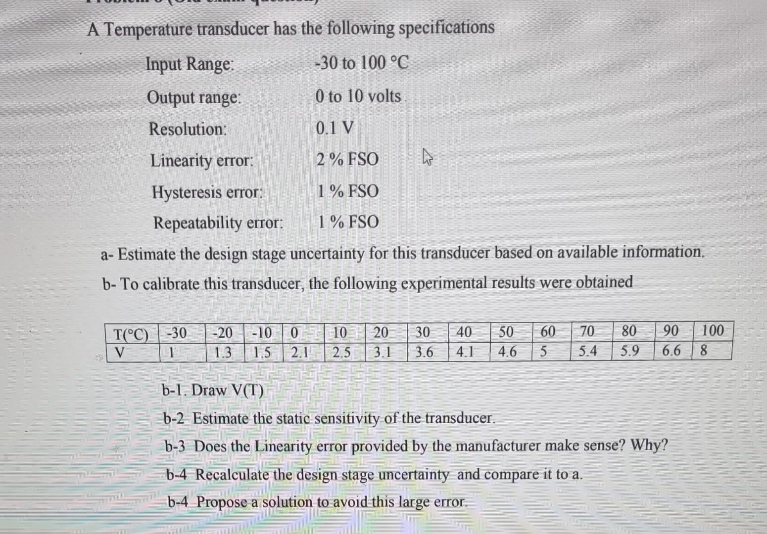 Solved A Temperature transducer has the following | Chegg.com