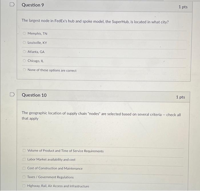 Solved Question 9 1 pts The largest node in FedEx's hub and | Chegg.com