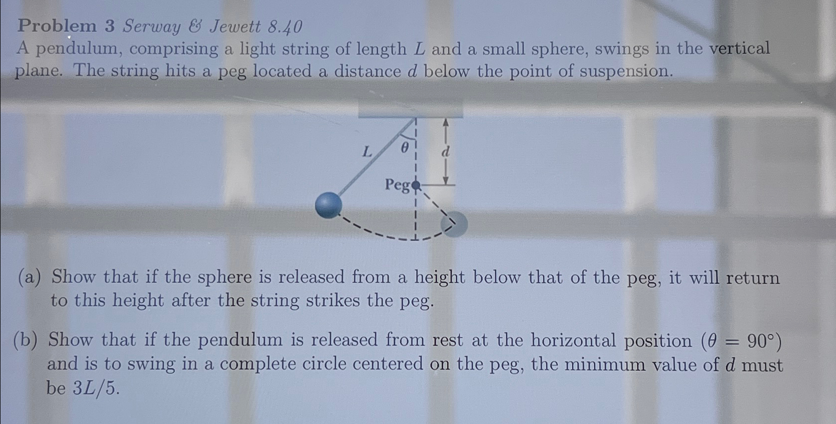 Solved Problem 3 ﻿Serway 8 ﻿Jewett 8.40A pendulum, | Chegg.com