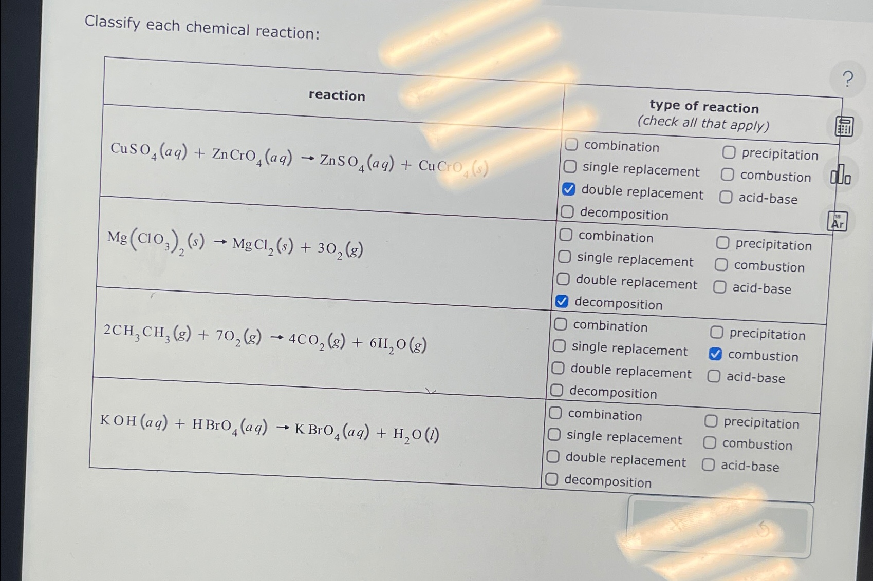 Solved Classify Each Chemical Reaction