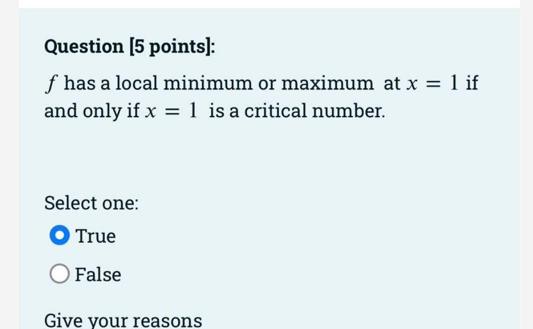 Solved Question [5 points]: f has a local minimum or maximum | Chegg.com